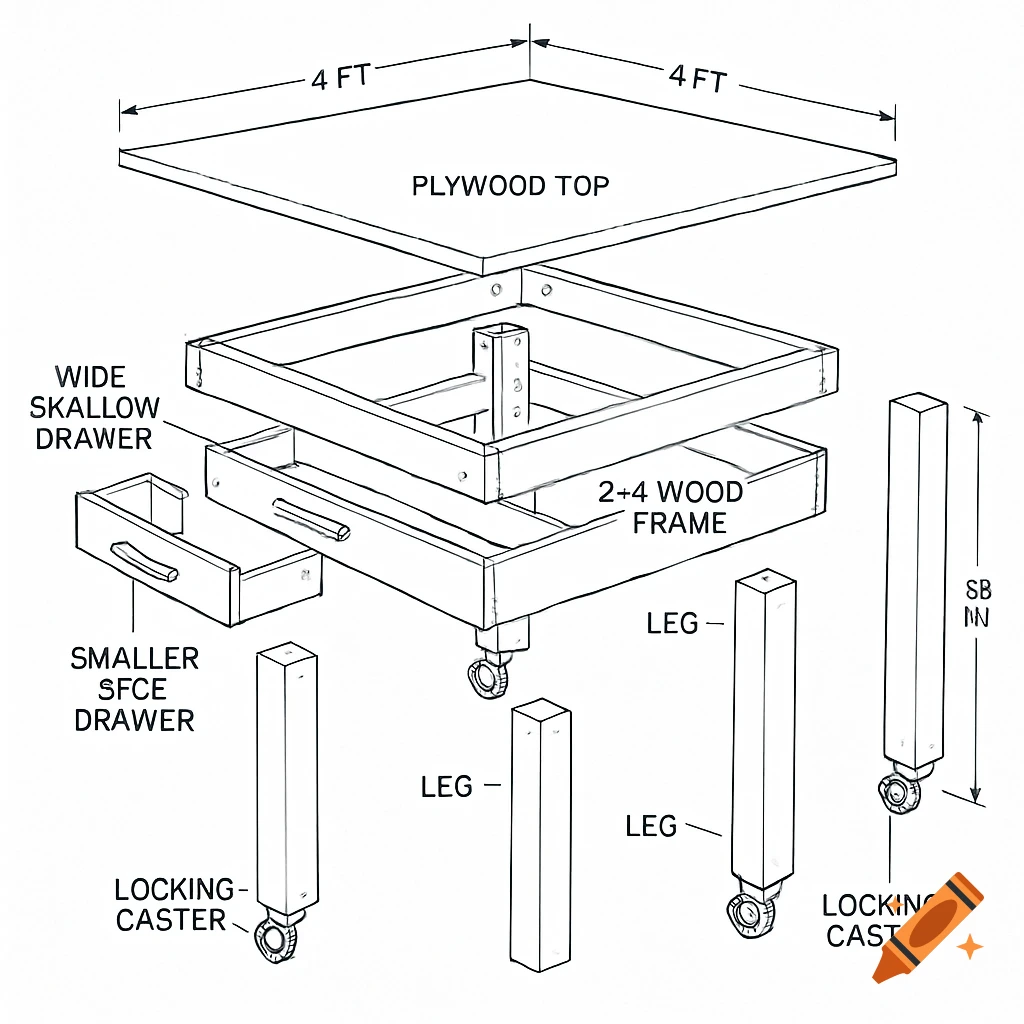 Exploded technical drawing of a wooden workbench with labeled parts ...