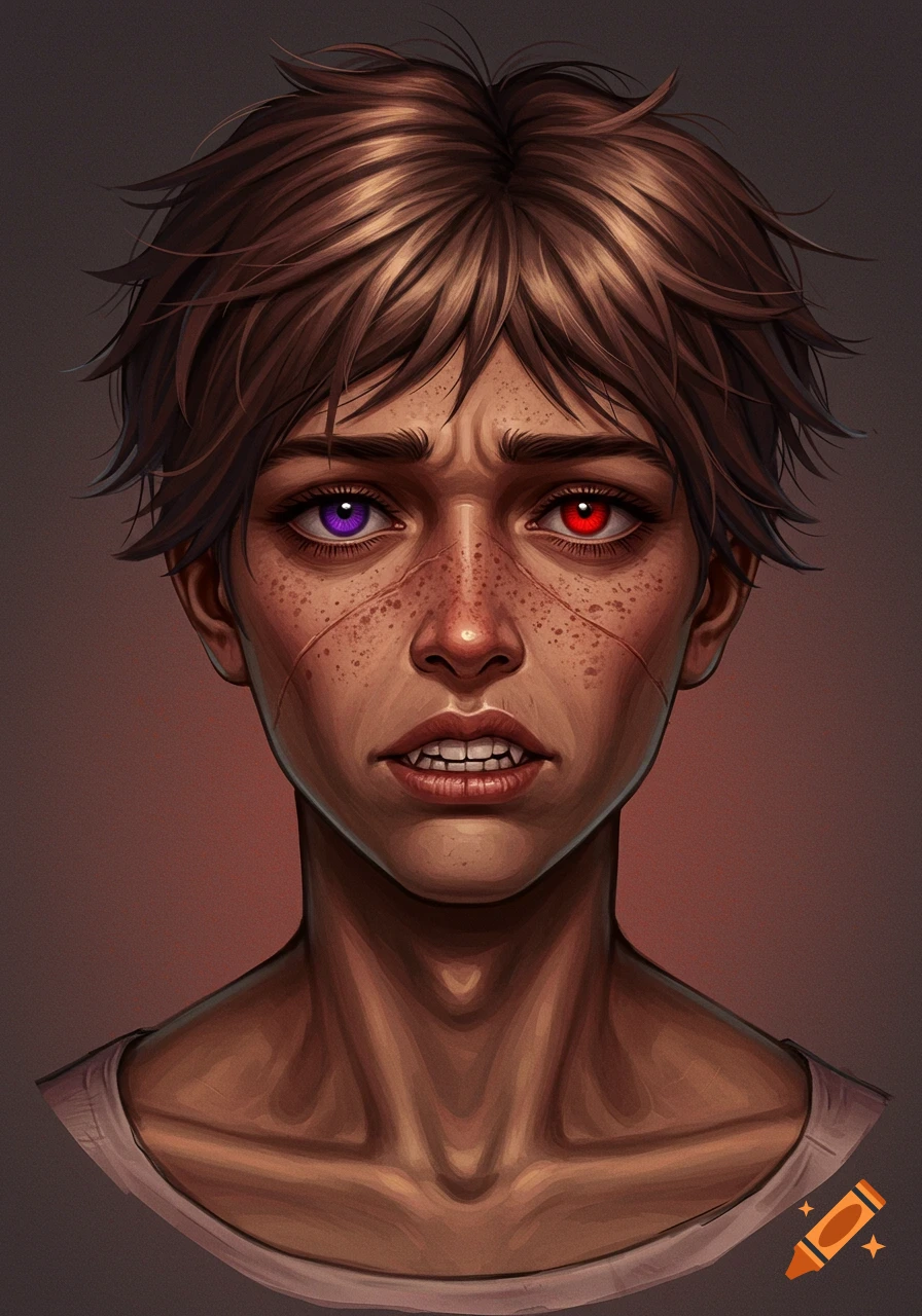 Stylized portrait of a person with brown hair, heterochromia (purple ...