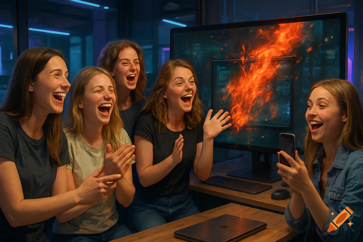 Group of women laughing and clapping while watching a screen with ...