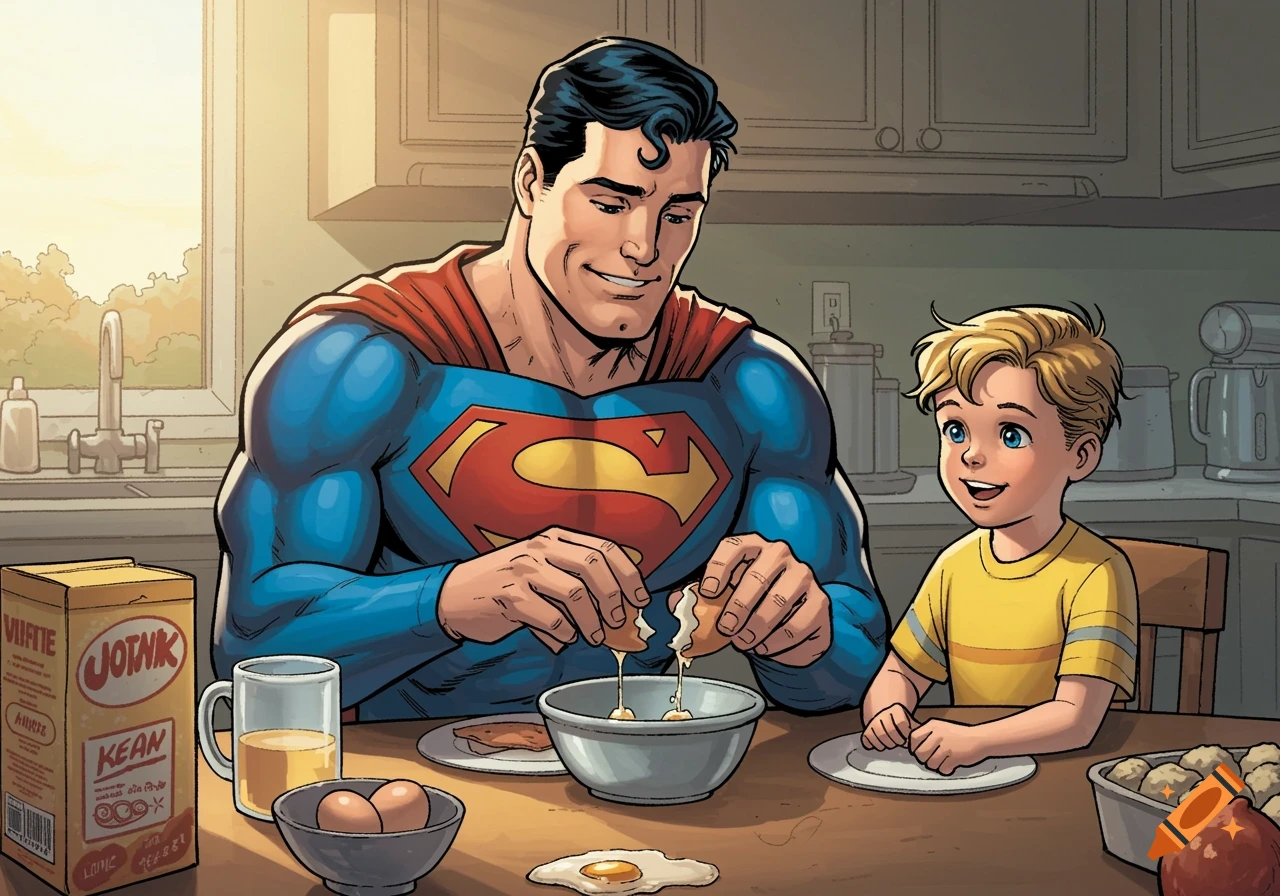 Superman and his son eat breakfast in a kitchen, comic art style. on ...