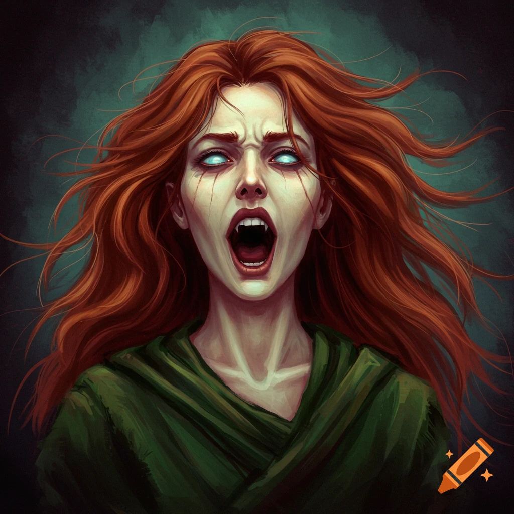 Auburn-haired banshee screaming with fangs and blue eyes on Craiyon