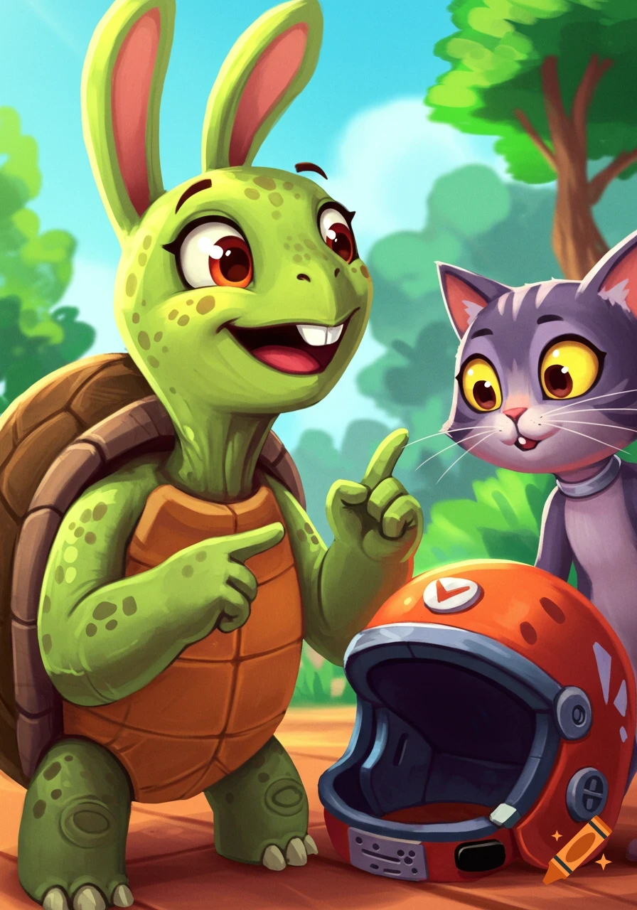 A cartoon turtle with bunny ears points to a helmet, while a cat looks ...