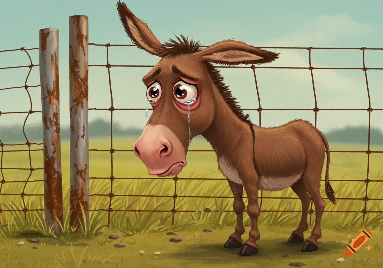 Cartoon donkey crying by a wire fence. on Craiyon