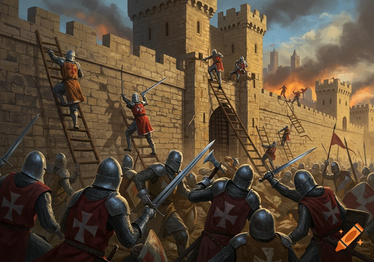 Knights climb ladders to storm a castle wall during a battle. on Craiyon