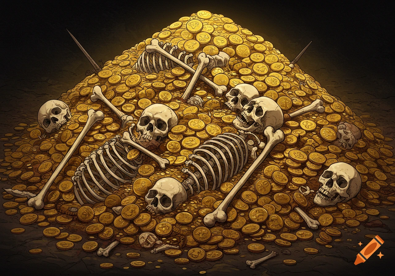 Illustration of a large pile of gold coins mixed with scattered human ...