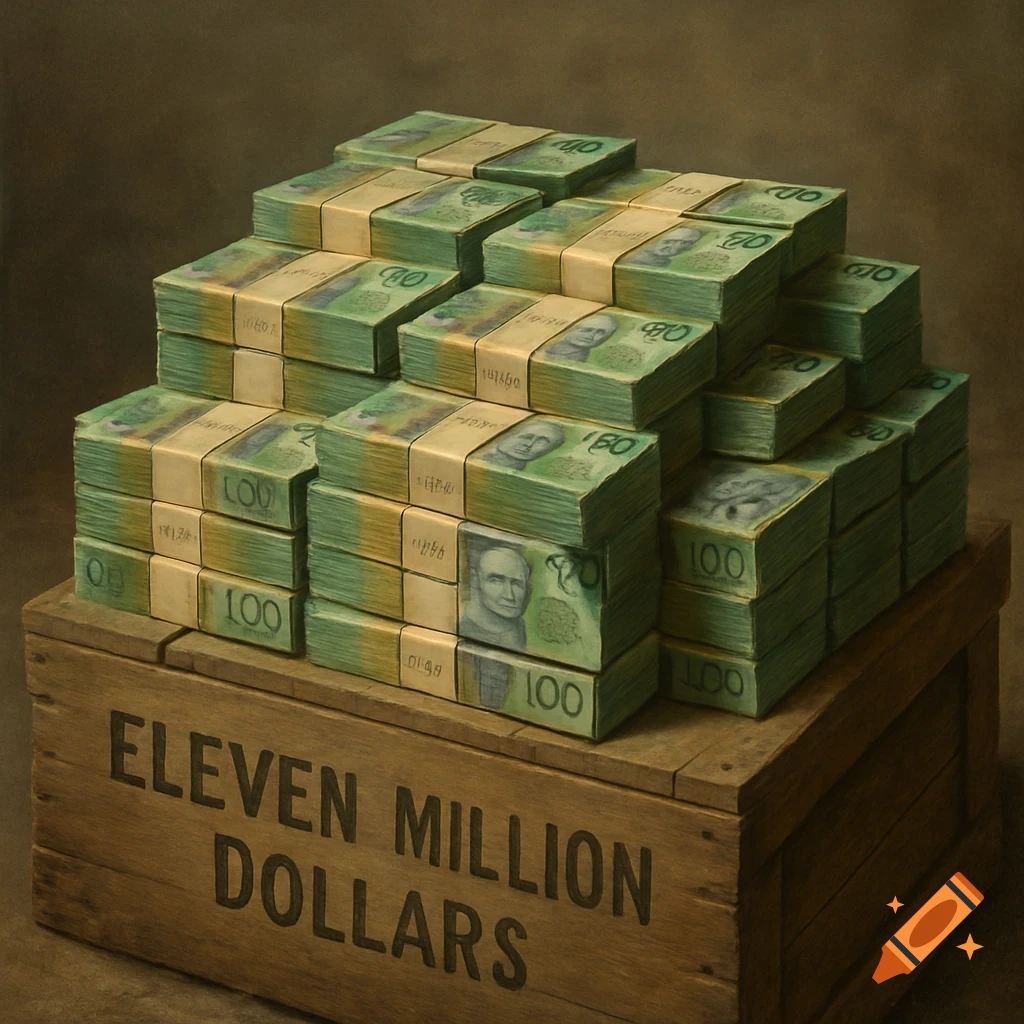 A large stack of green Australian dollar bundles sits on a wooden crate ...