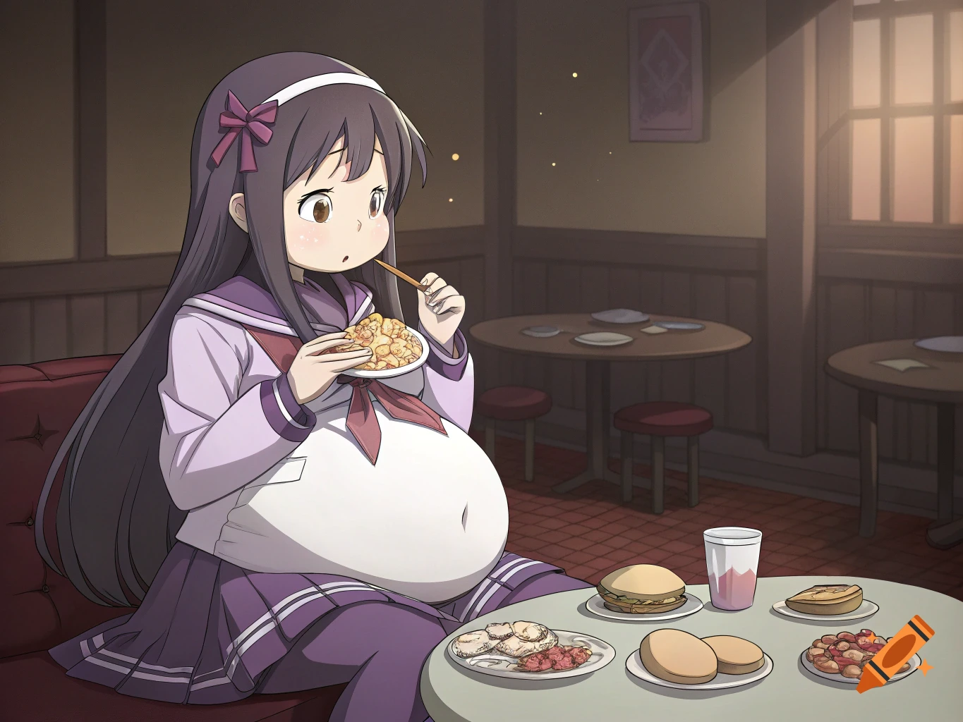 Anime girl with a large belly sits eating at a table full of food in a ...