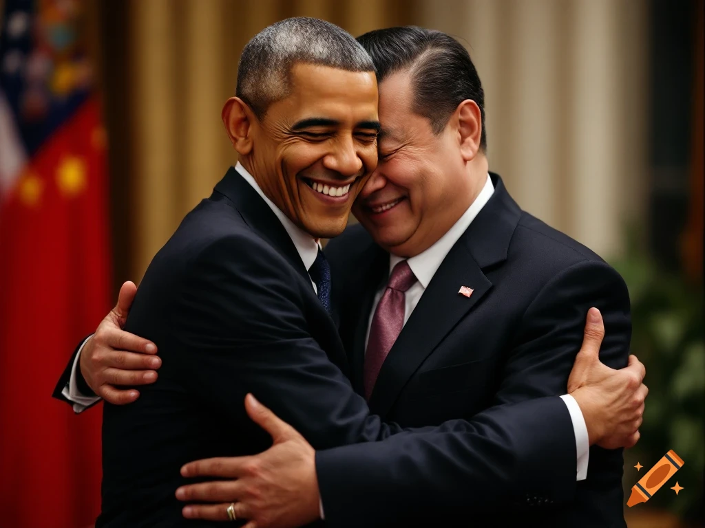 Two men in suits, one resembling Barack Obama, hug and smile. on Craiyon