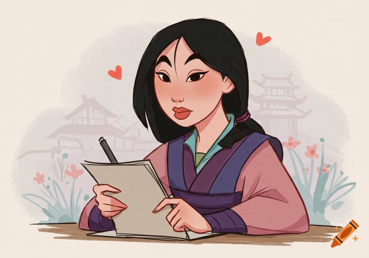 Stylized illustration of Mulan writing a letter with hearts floating ...