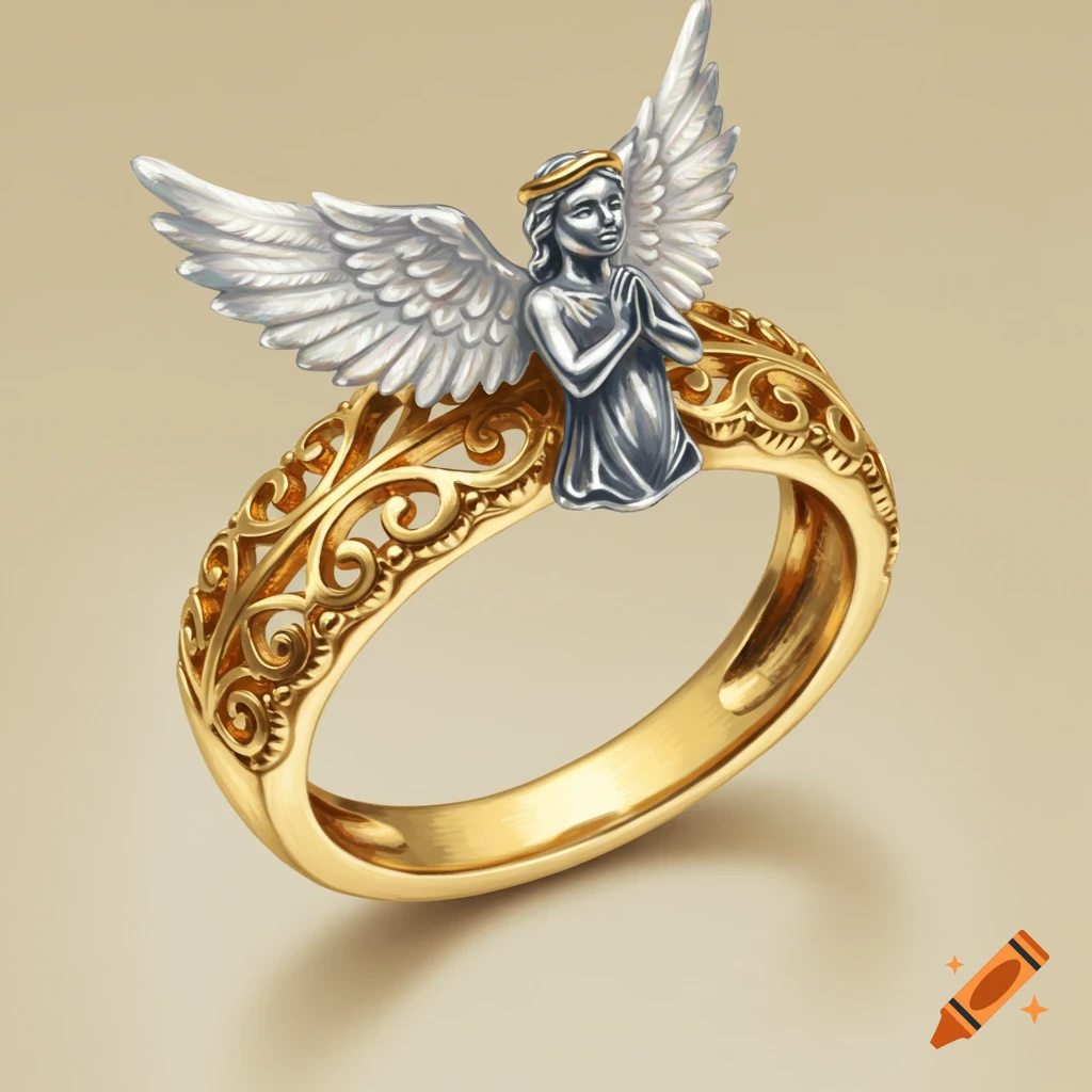A golden ring with a silver angel figure and ornate filigree band. on ...
