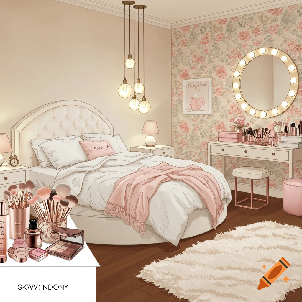 Illustration of a preppy bedroom with a round bed, floral wallpaper ...