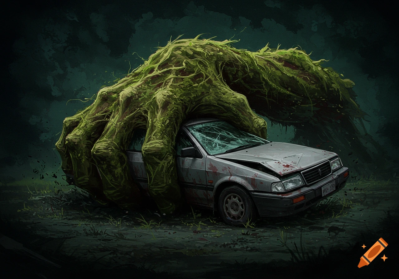 Giant mossy monster hand crushing a car in a dark, moody forest. on Craiyon