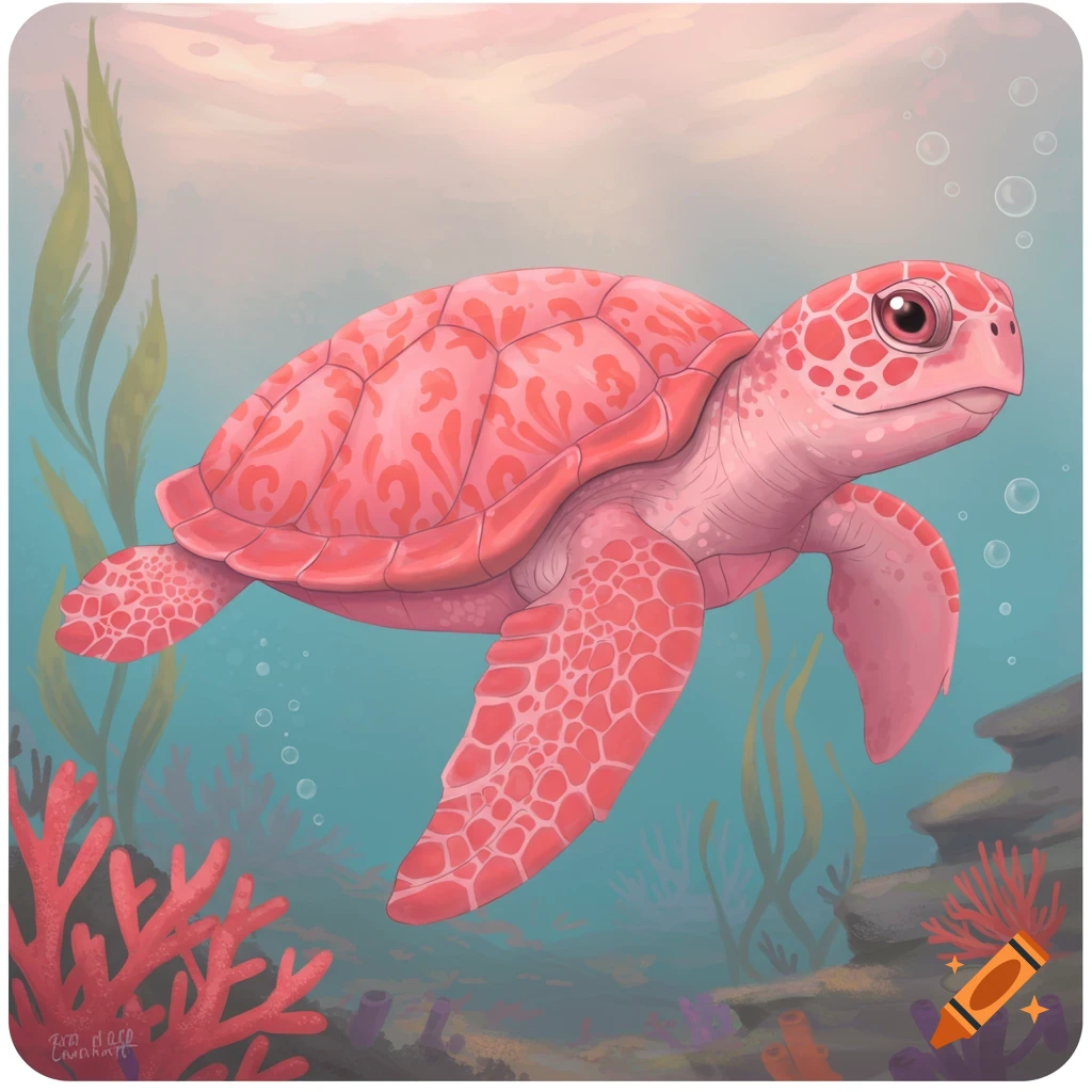 An illustration of a pink sea turtle swimming underwater among coral ...