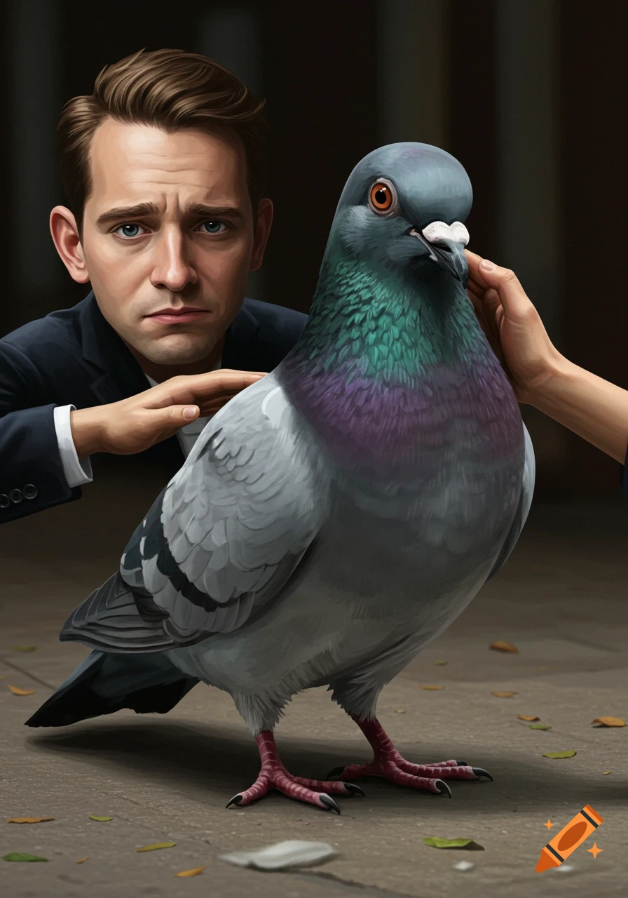 A man in a suit reaches around a large pigeon, petting it with both ...
