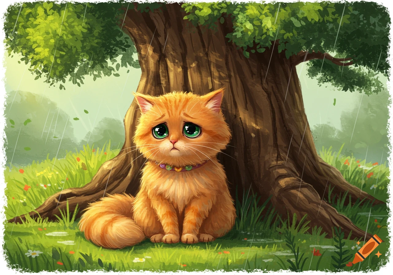 A cute sad orange cat sits under a tree in the rain, looking forward ...