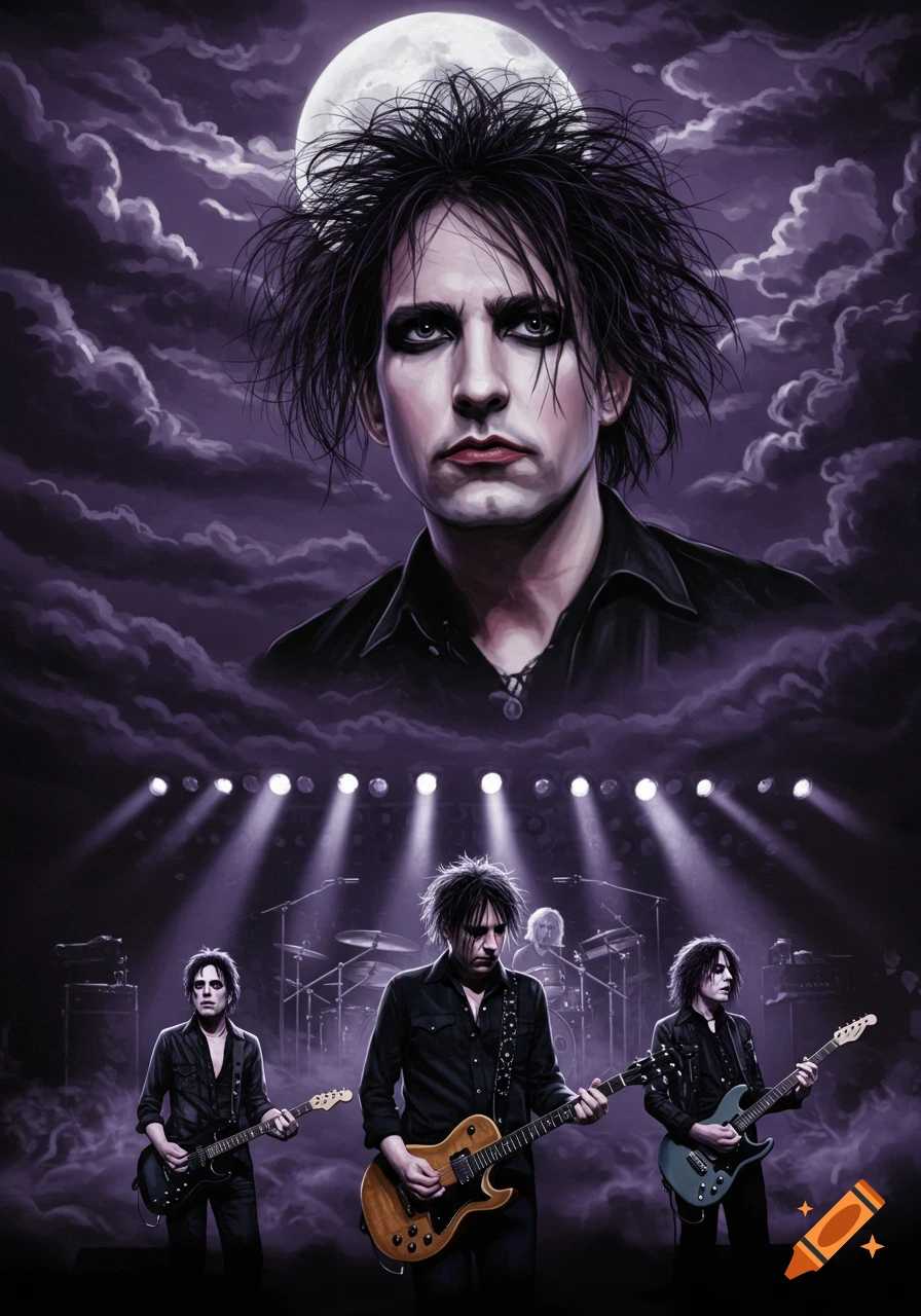 Illustration of a goth rock musician above their band playing on stage ...