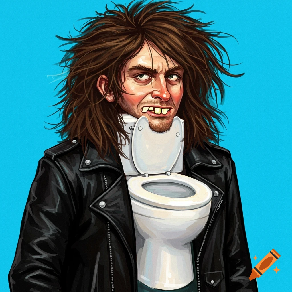 Illustration of a man with messy hair, buck teeth, leather jacket, and ...