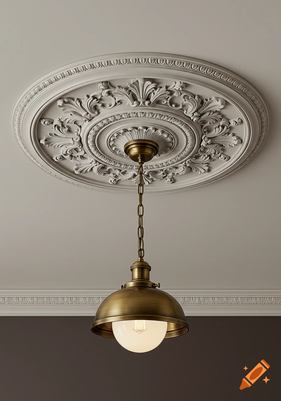 Ornate white ceiling rose with a brass pendant light fixture. on Craiyon