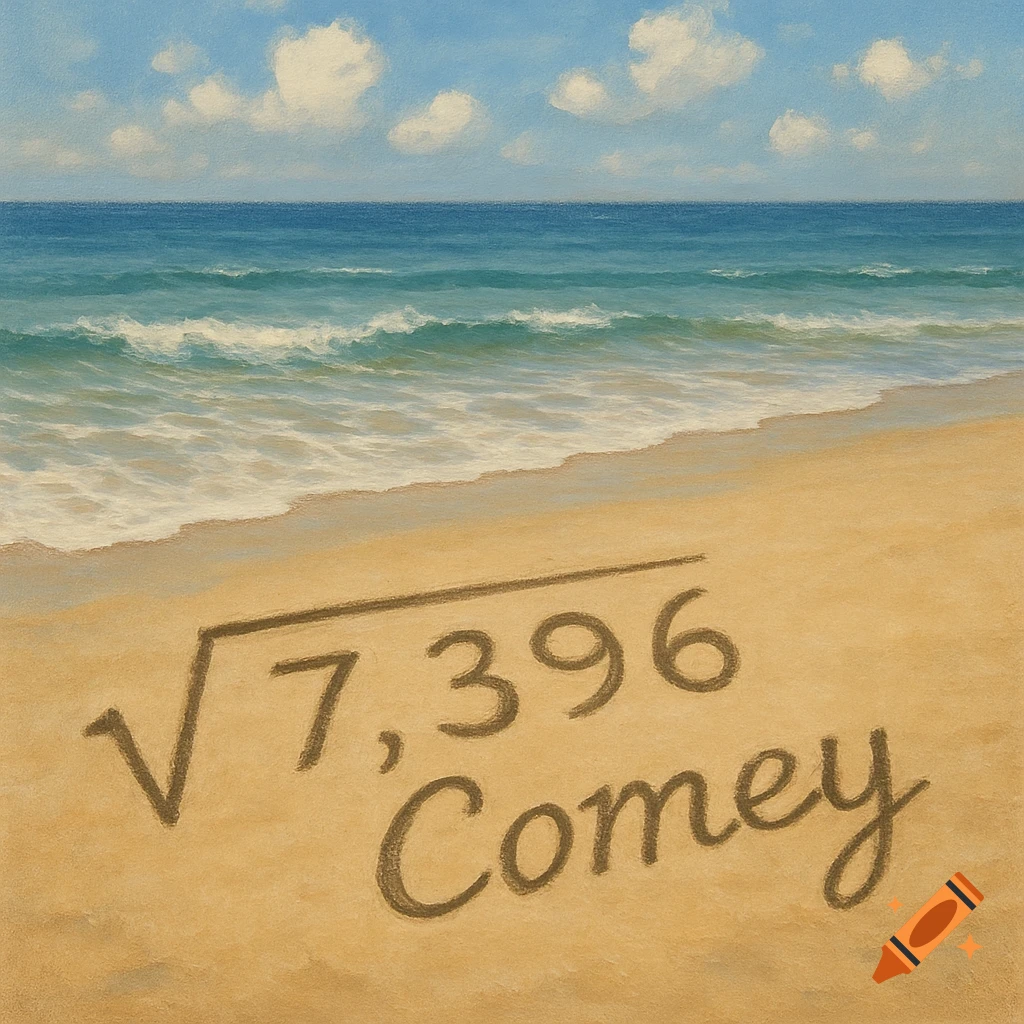 Painting of a beach with the square root of 7,396 Comey written in the ...
