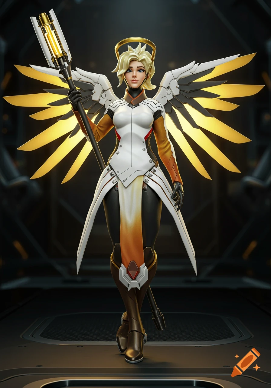 3D render of Overwatch character Mercy with wings and staff on Craiyon
