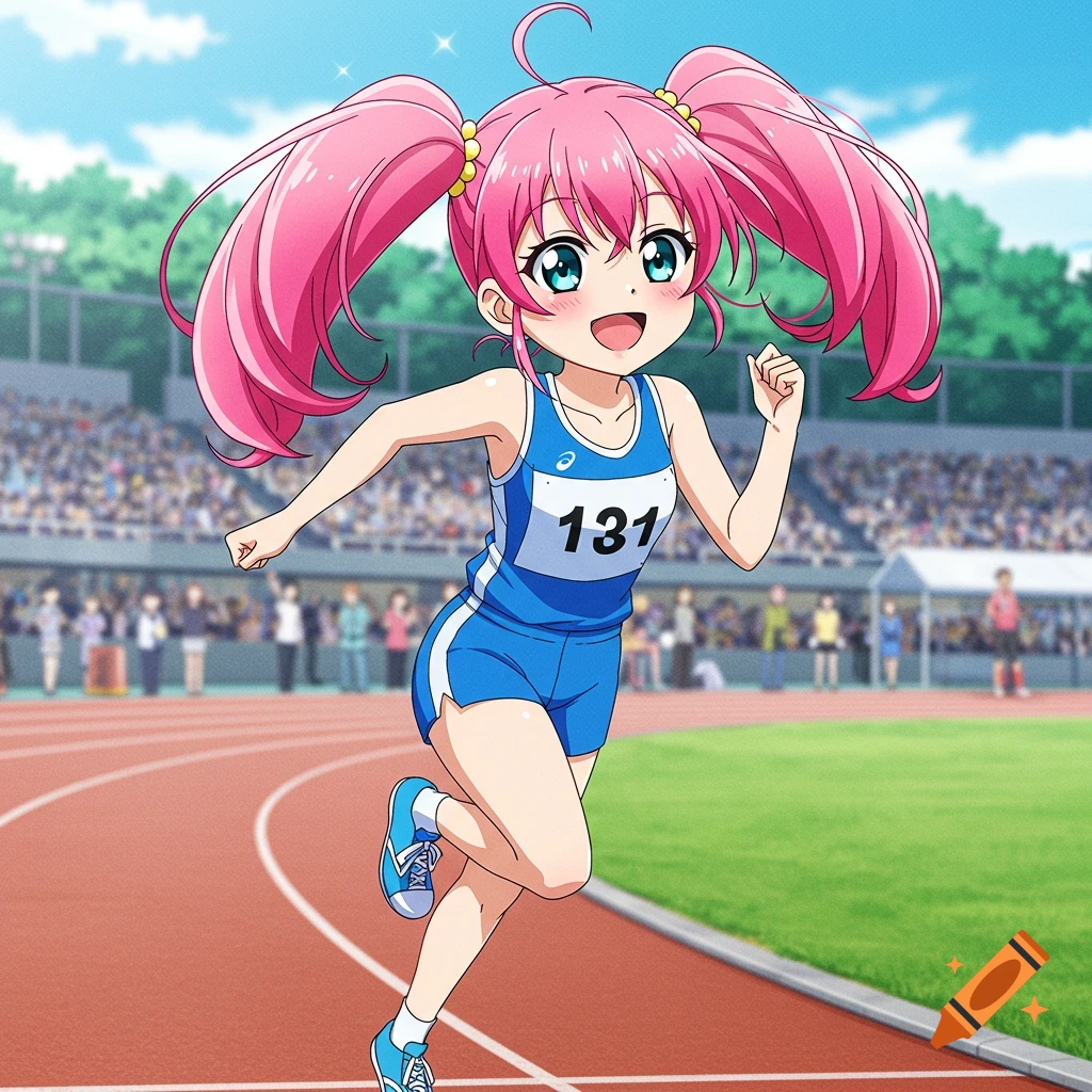 Anime girl in a blue running uniform with number 131 running on a track ...
