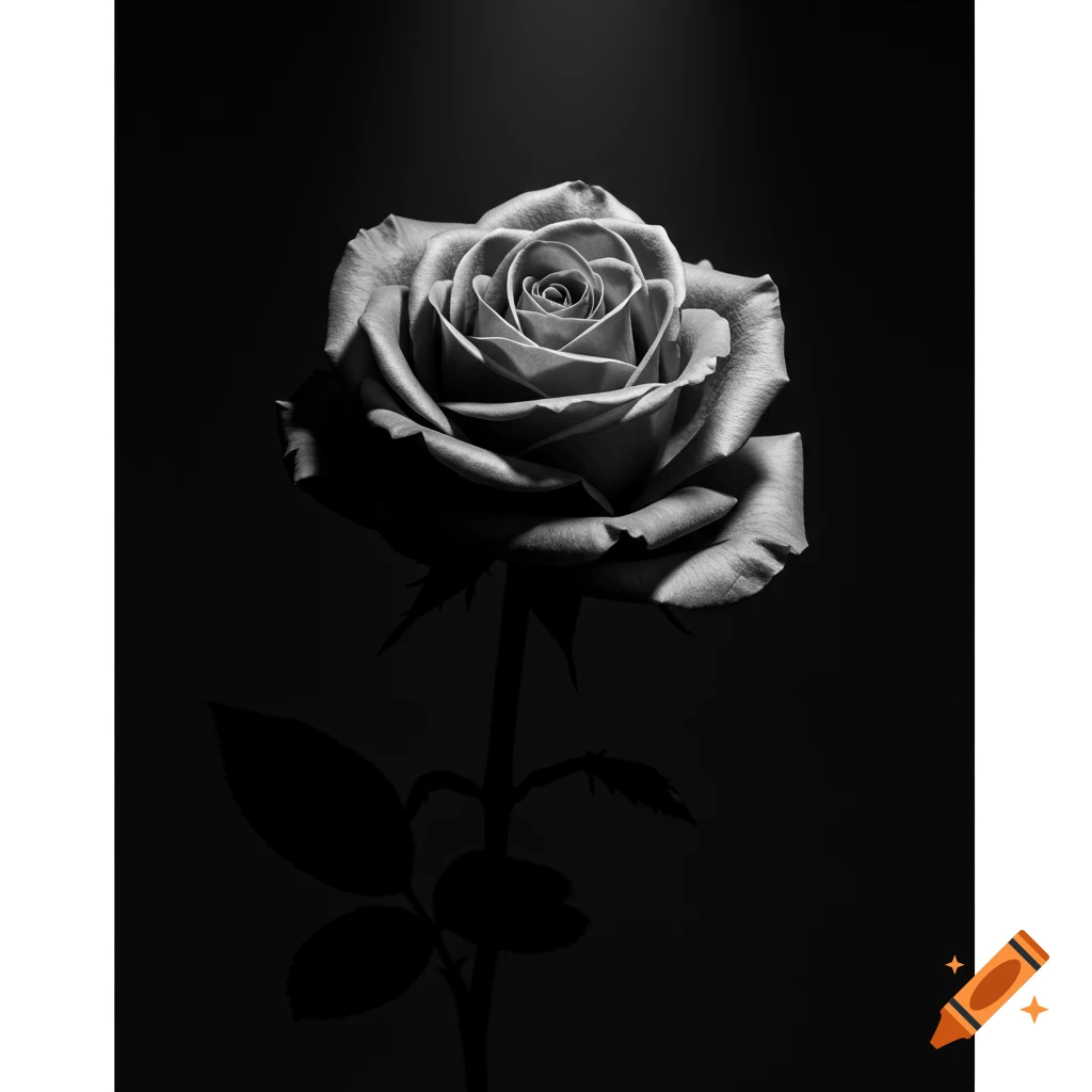 Black and white photo of a single rose lit by a spotlight on Craiyon