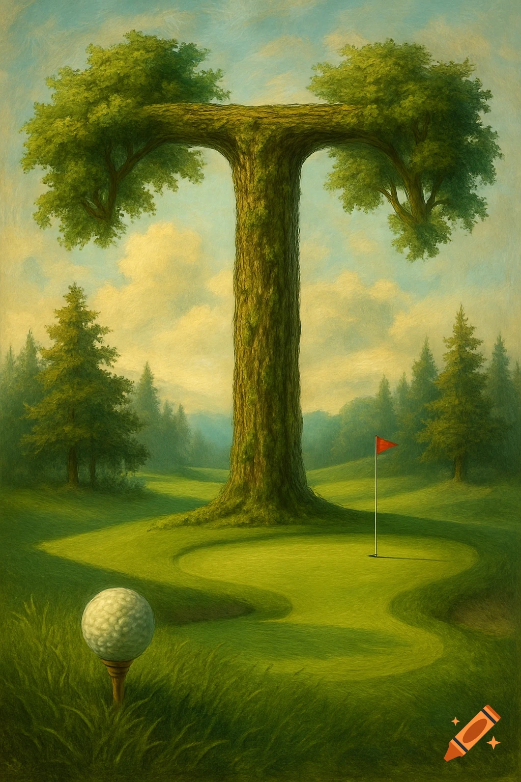A tree shaped like the letter T stands on a golf course with a ball and ...