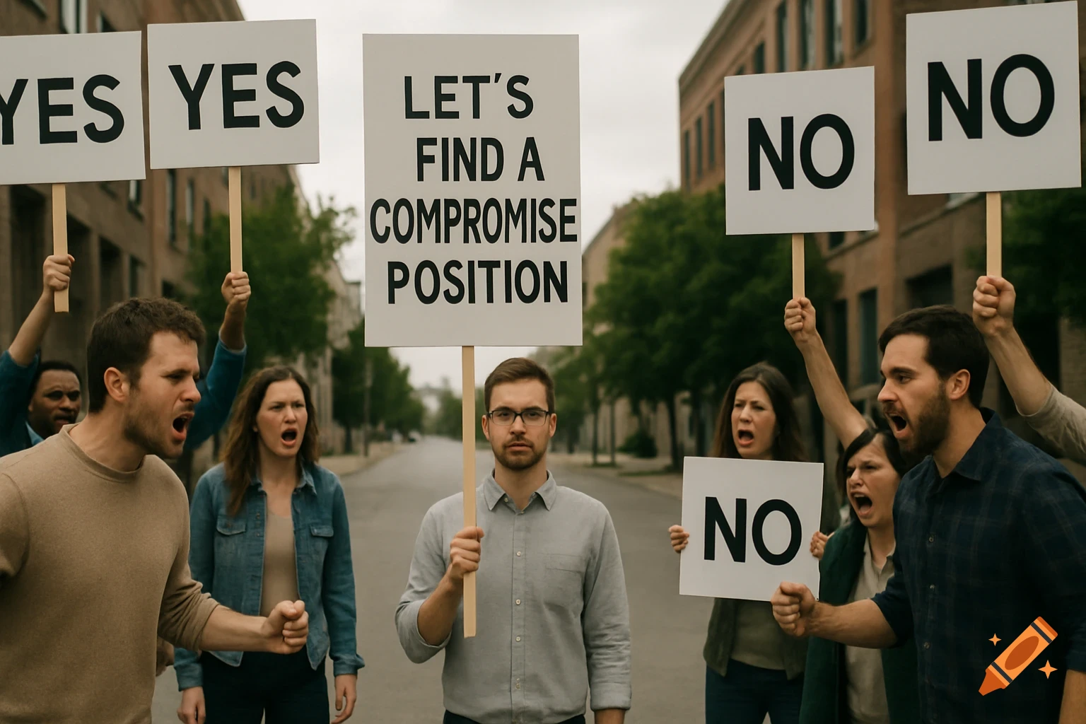 People holding 'yes' and 'no' signs, with a person in the middle ...