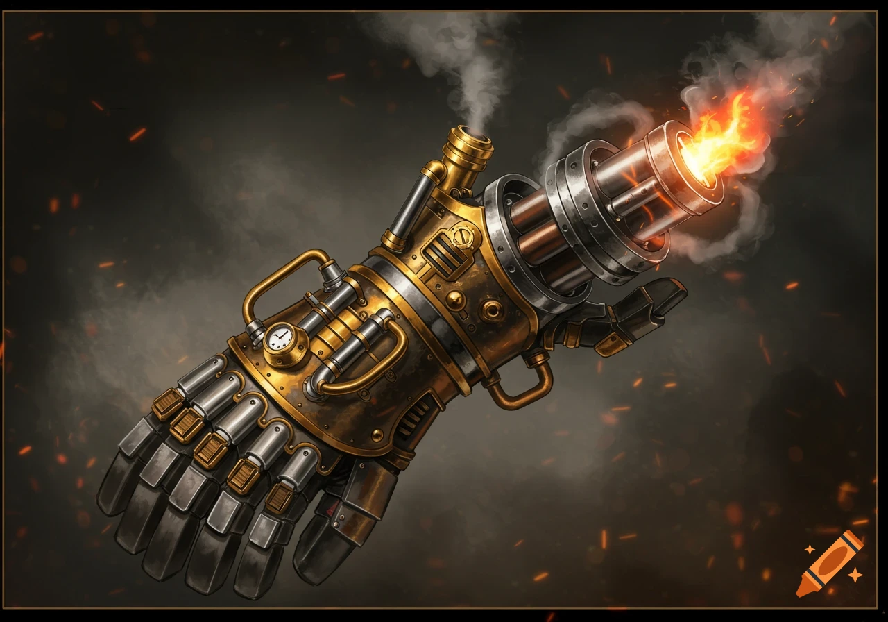 Detailed illustration of a steam-powered rotary shotgun gauntlet ...
