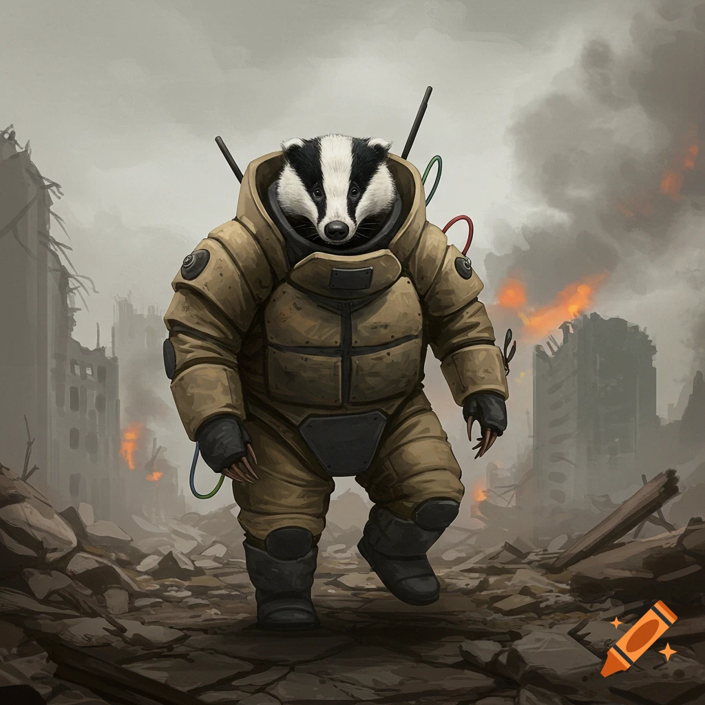 A badger wearing a bomb suit walks through a war-torn city. on Craiyon