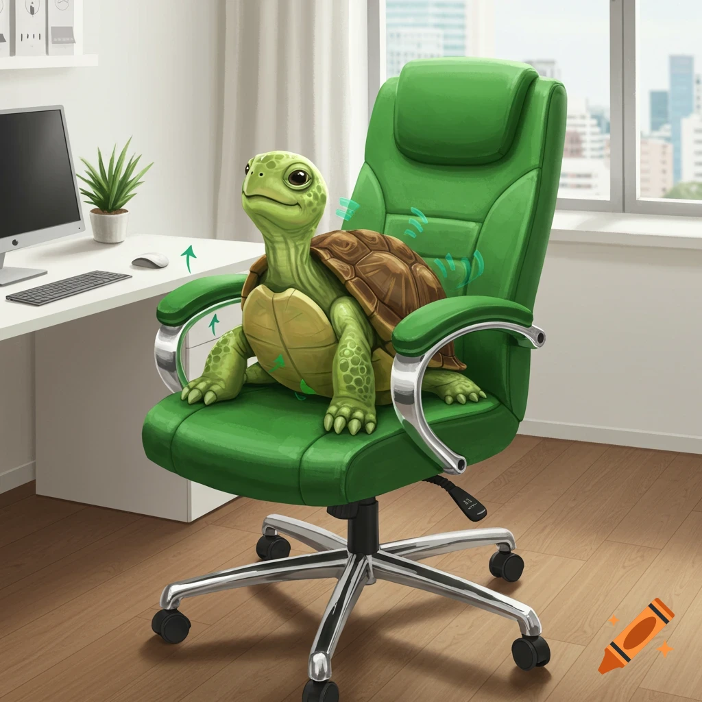 A cartoon turtle sits in a green office chair with massage features in ...