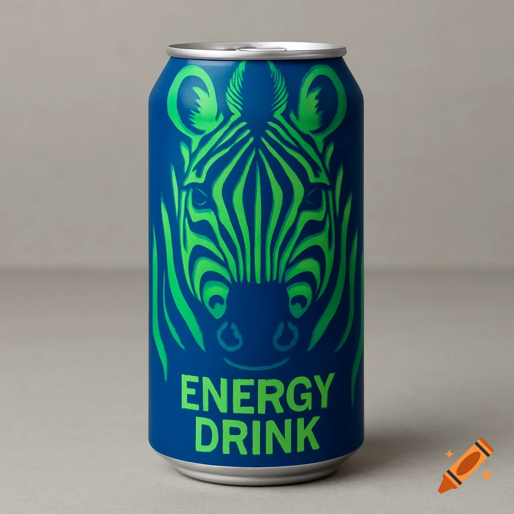 A blue energy drink can with a green zebra face graphic and 'ENERGY ...