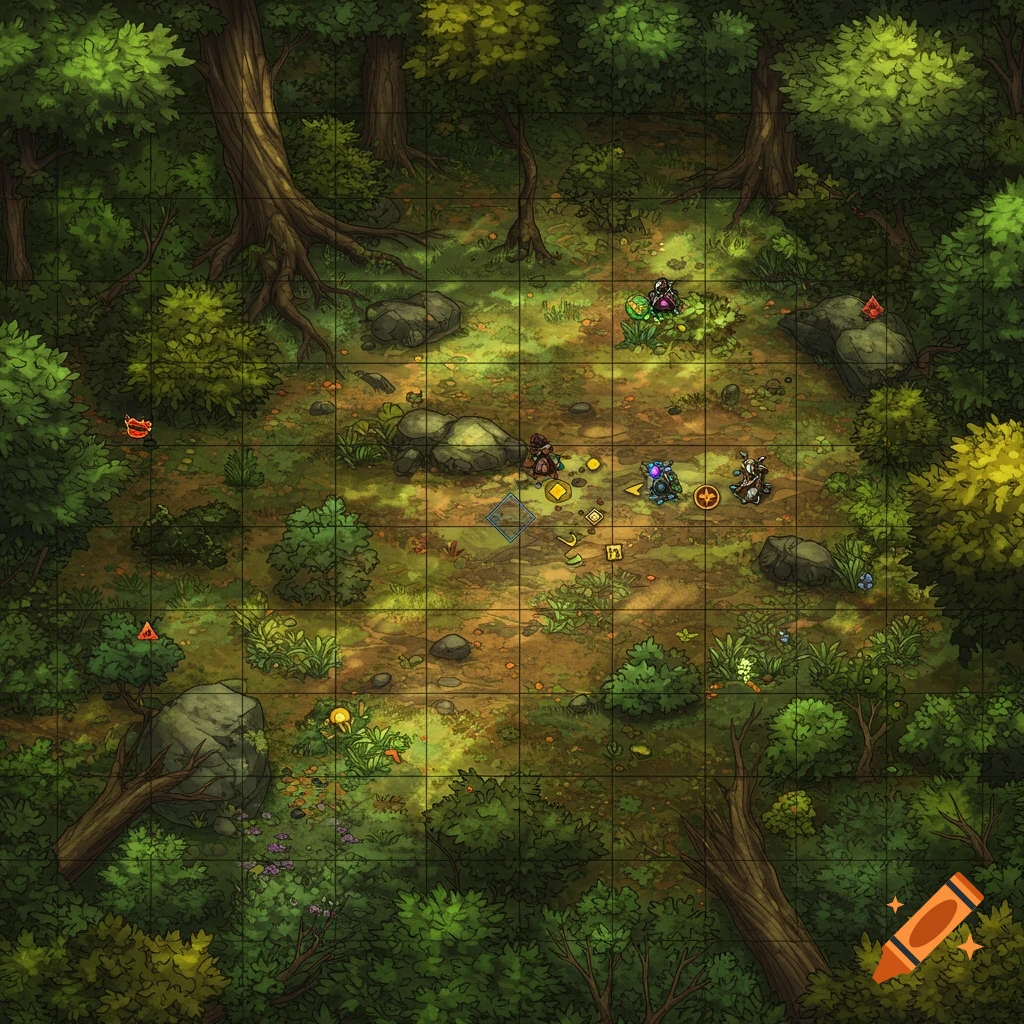 Overhead view of a fantasy forest battle map with grid overlay, trees ...
