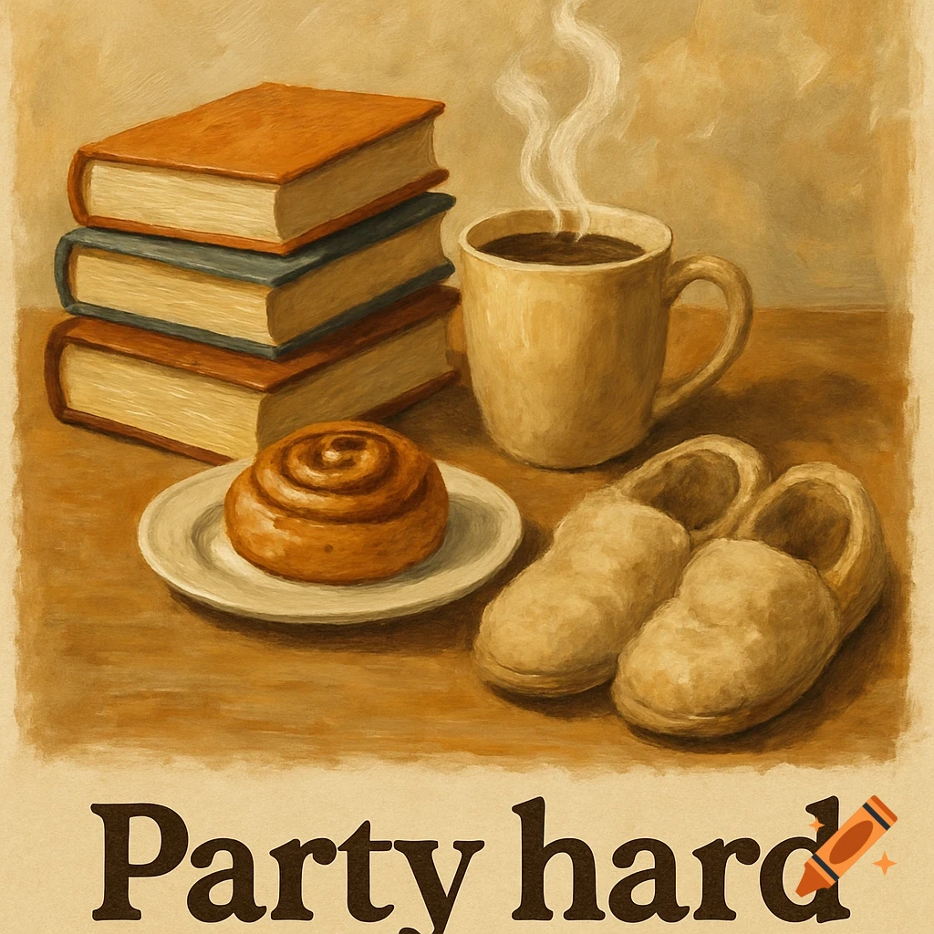 A painterly still life of a stack of books, steaming coffee cup ...