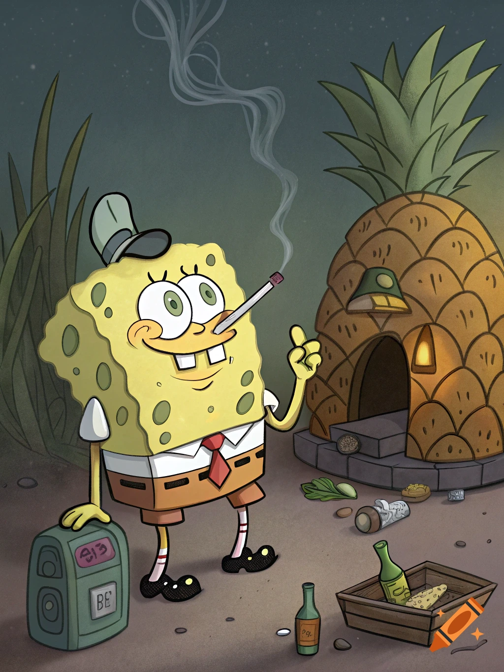 SpongeBob SquarePants cartoon character stands outside his pineapple ...