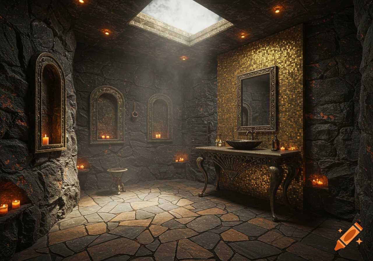 Photorealistic fantasy bathroom with stone walls, gold mosaic, sink ...