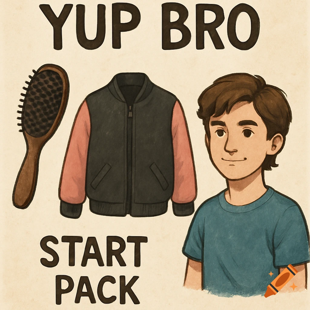 An illustration of a boy, a jacket, and a hairbrush with the text "YUP ...