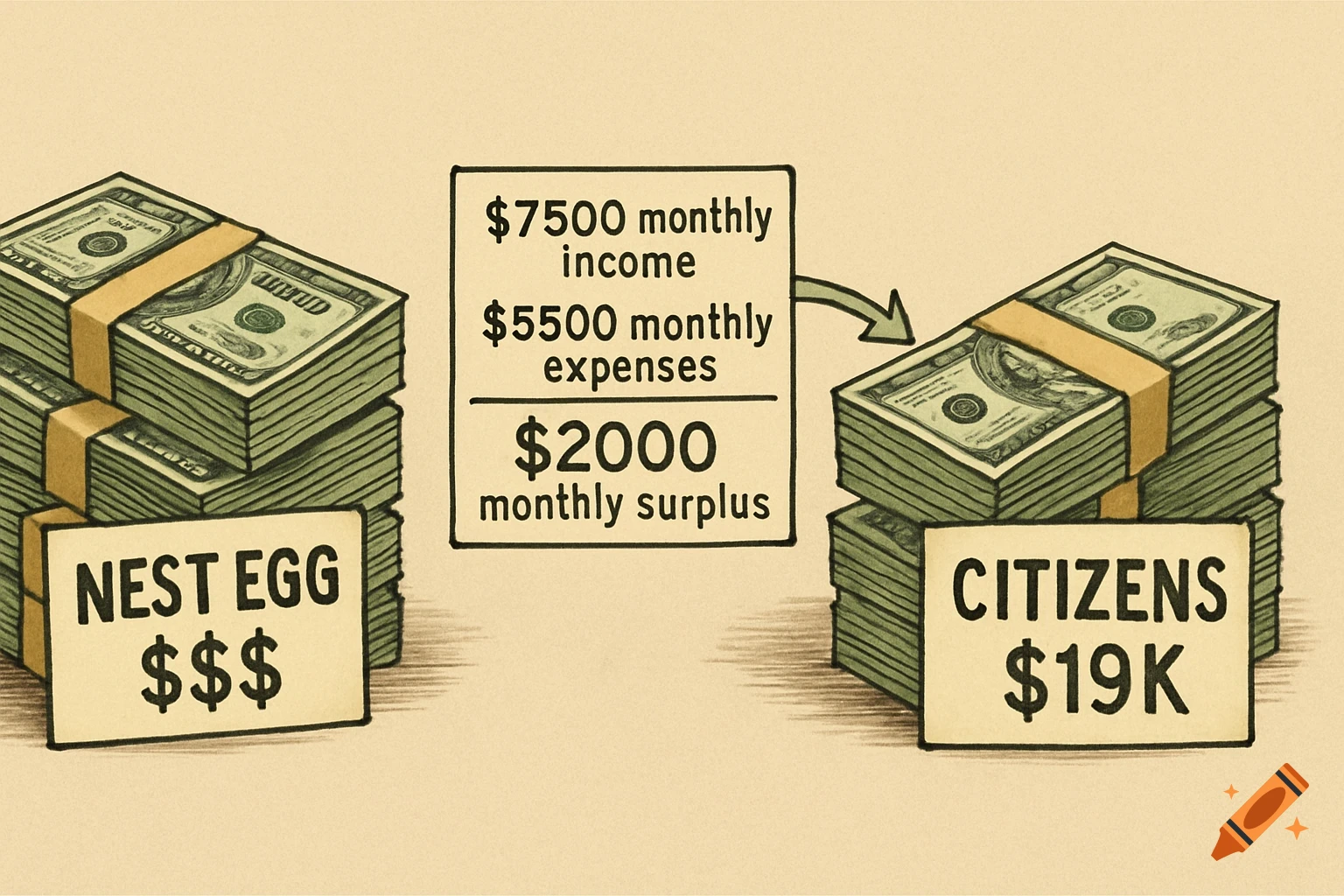 Illustration of two stacks of money, one labeled "Nest Egg" and the ...