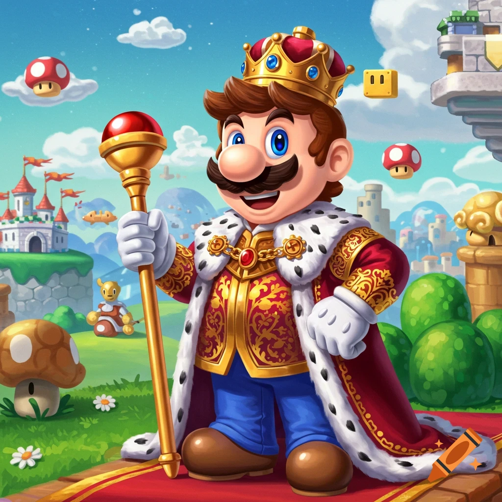 Mario is depicted as a king in a red robe and crown, holding a scepter ...