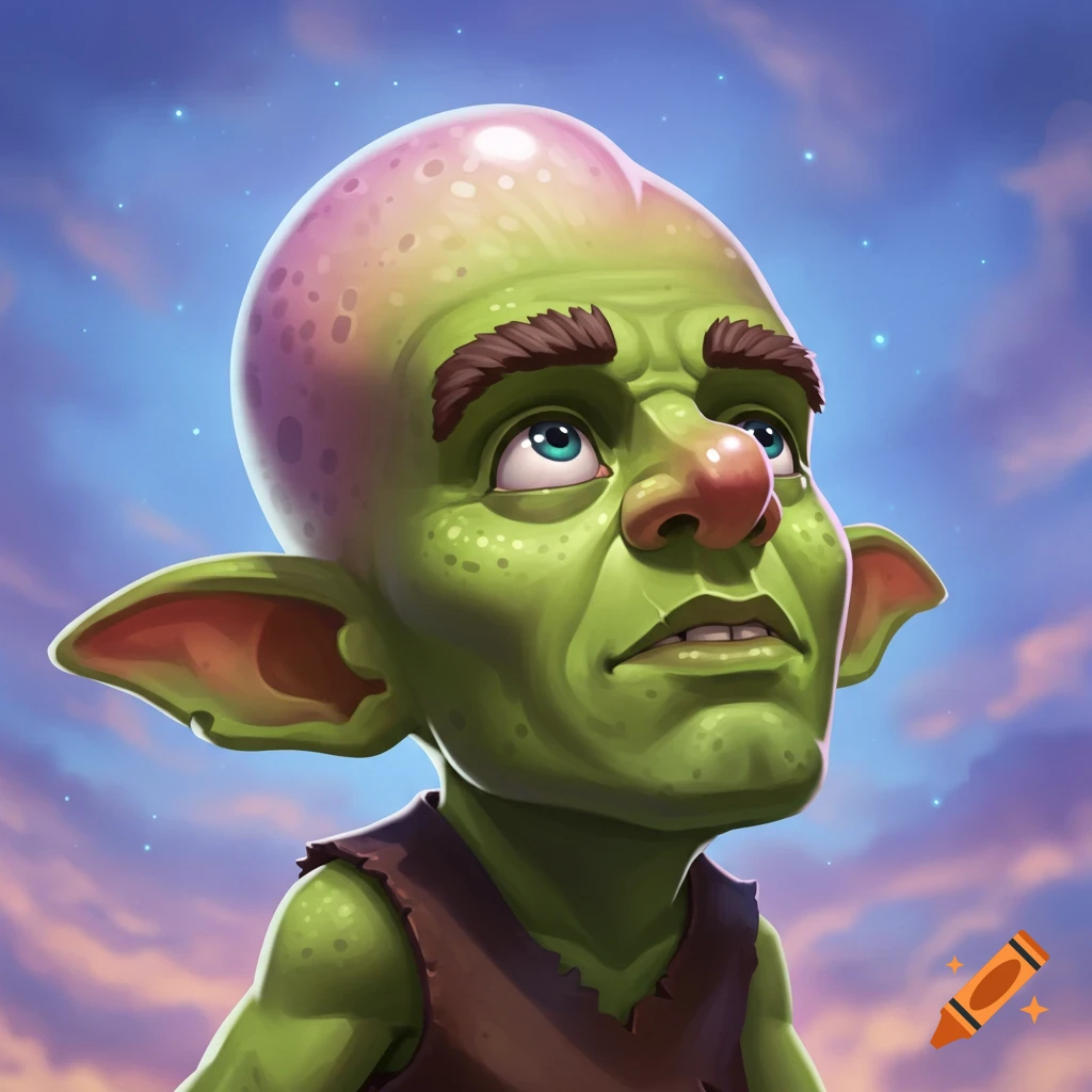 A rendered portrait of a green goblin with a large forehead looking up ...