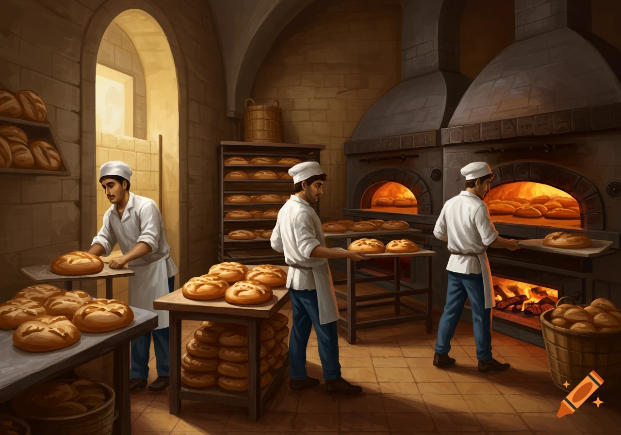 Bakers prepare loaves of bread in a traditional brick oven bakery. on ...