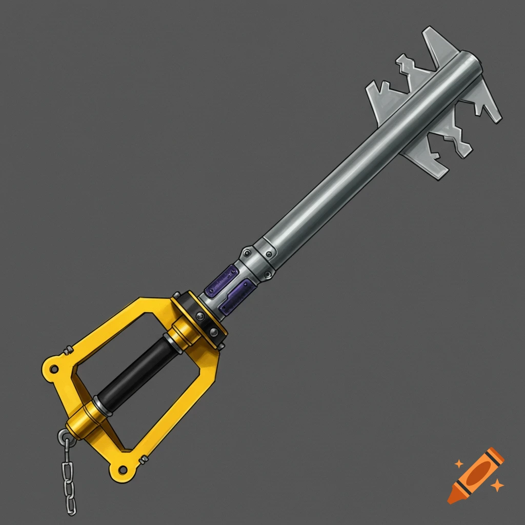 A cyberpunk style keyblade with a yellow hilt and silver blade on a ...