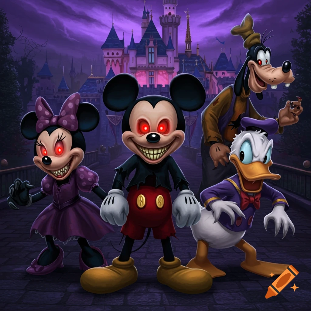 Evil versions of Mickey Mouse, Minnie Mouse, Donald Duck, and Goofy in ...