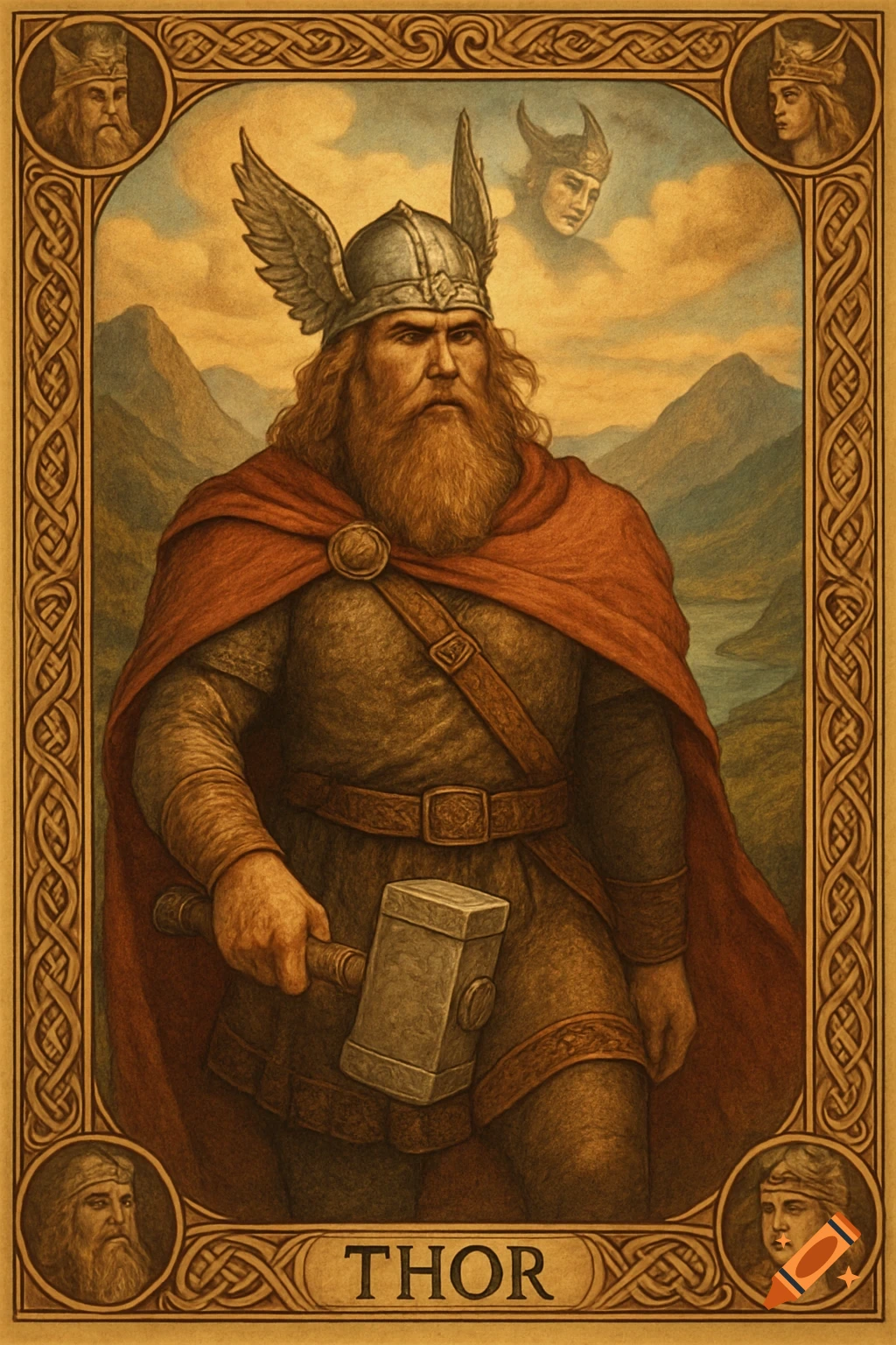 Portrait of the Norse god Thor holding Mjolnir in a landscape with Loki ...