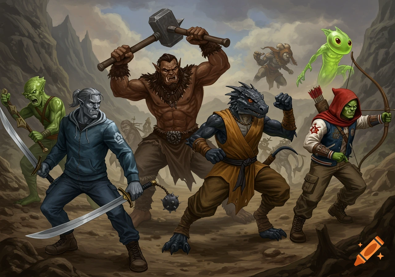 A group of fantasy characters including an orc, half-orc, lizardfolk ...