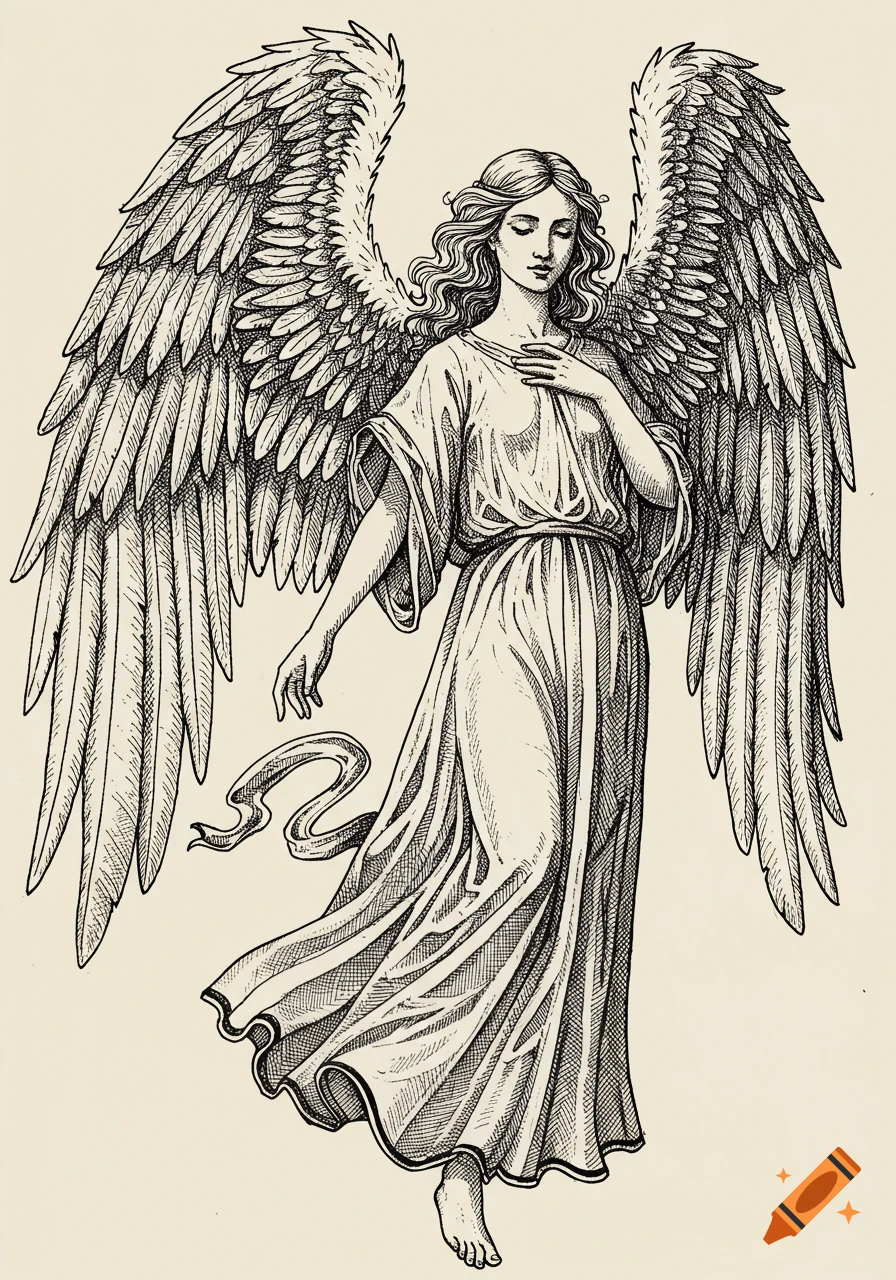 Ink drawing of an angel with large wings and a flowing robe, looking ...