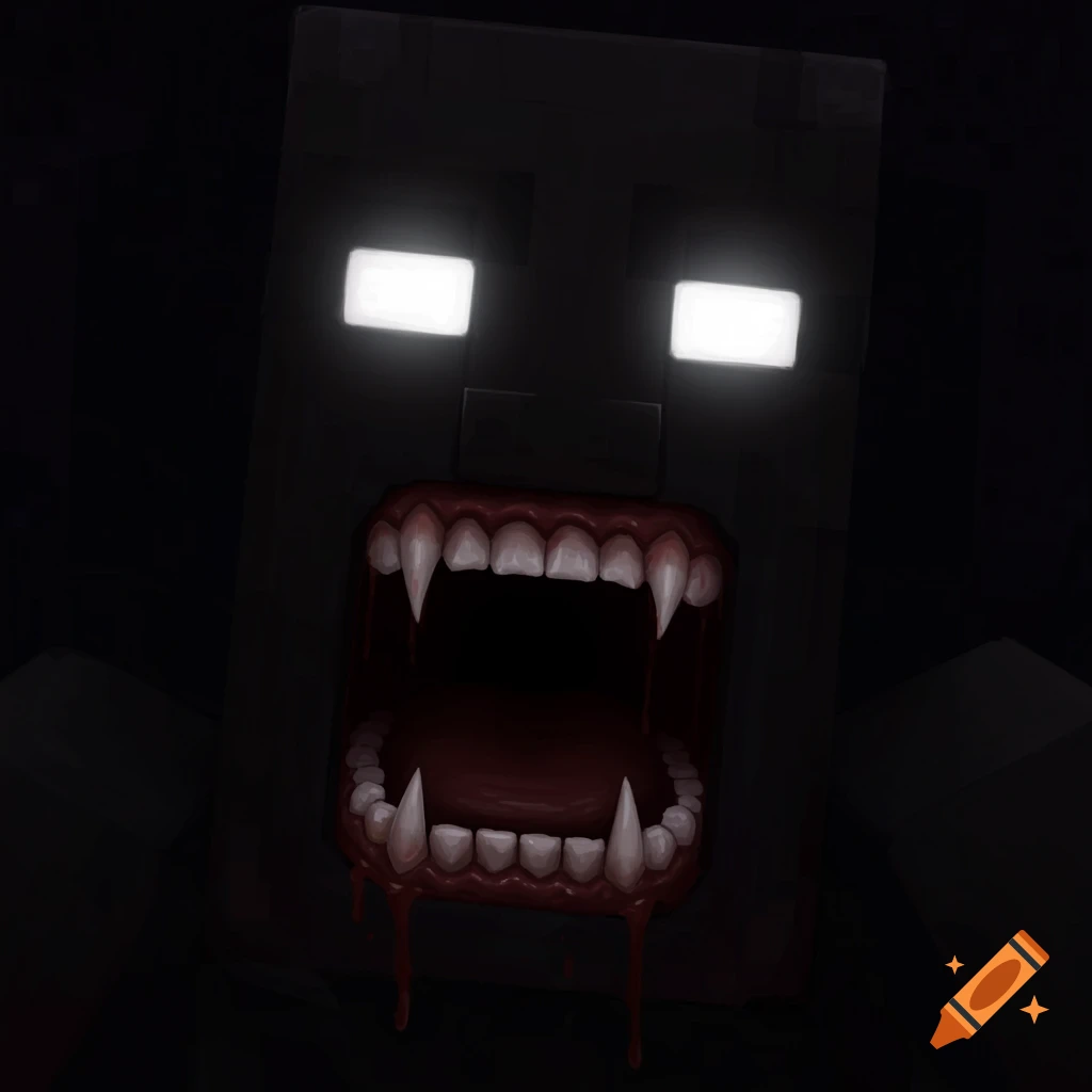 Minecraft monster with glowing white eyes, open mouth, and bloody fangs ...
