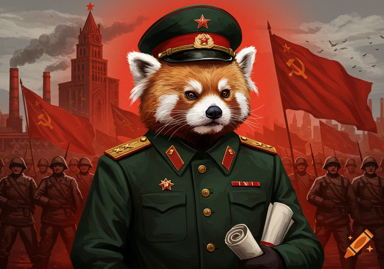 A red panda in a Soviet military uniform stands in front of a crowd of ...