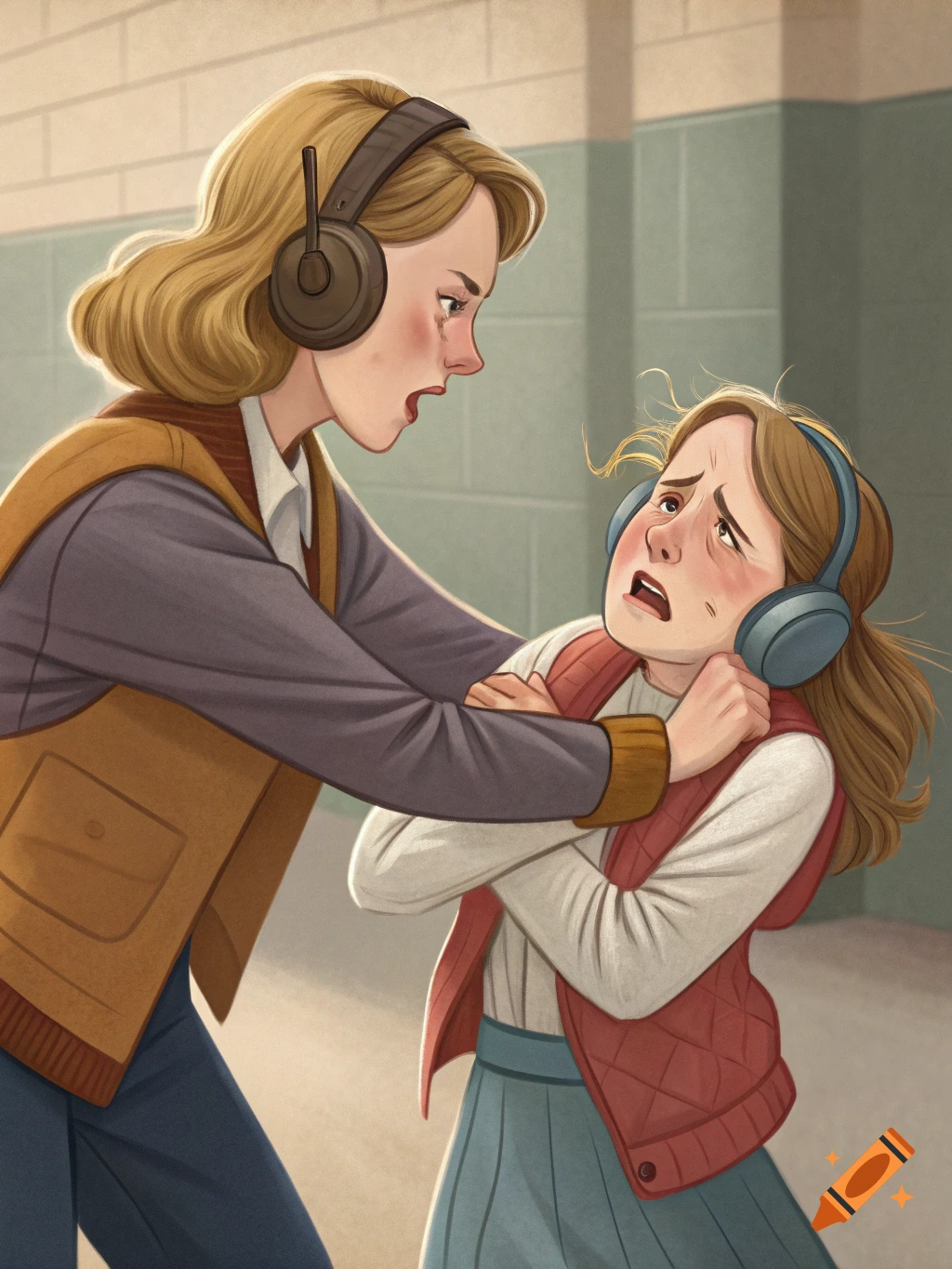 Illustration of a woman restraining a crying child wearing headphones ...