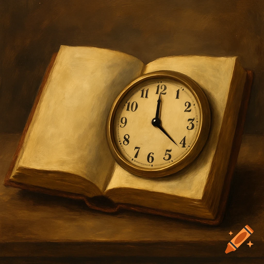 A painterly image shows an open book lying flat with a brass-rimmed ...